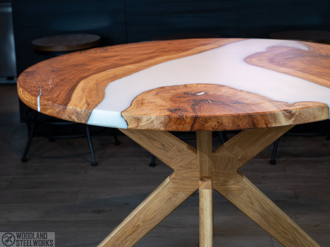 Live Edge Pecan Epoxy River Round Dining Table – Woodland Steelworks