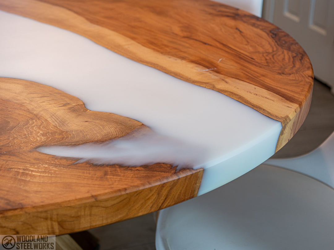 Live Edge Pecan Epoxy River Round Dining Table – Woodland Steelworks